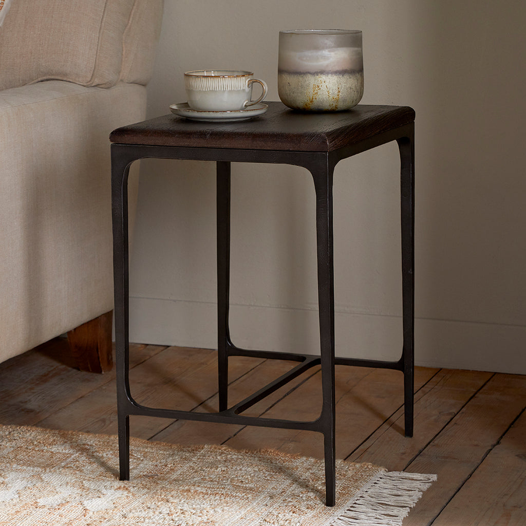 Sita Wood and Iron Side Table, Chocolate — Kayu Home